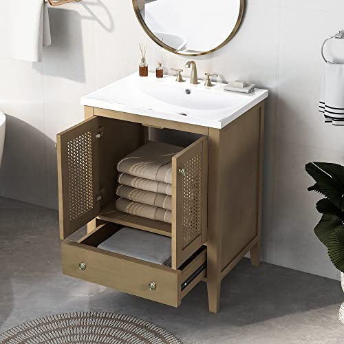 PEIHONGET 24" Bathroom Vanity with Ceramic Basin, Rattan Bathroom Storage Cabinet with Two Doors and Drawer, Freestanding Bath Vanity Cabinet Soft Closing, Solid Wood Frame (Natural)
