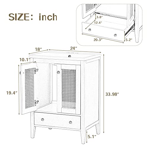 PEIHONGET 24" Bathroom Vanity with Ceramic Basin, Rattan Bathroom Storage Cabinet with Two Doors and Drawer, Freestanding Bath Vanity Cabinet Soft Closing, Solid Wood Frame (Natural)