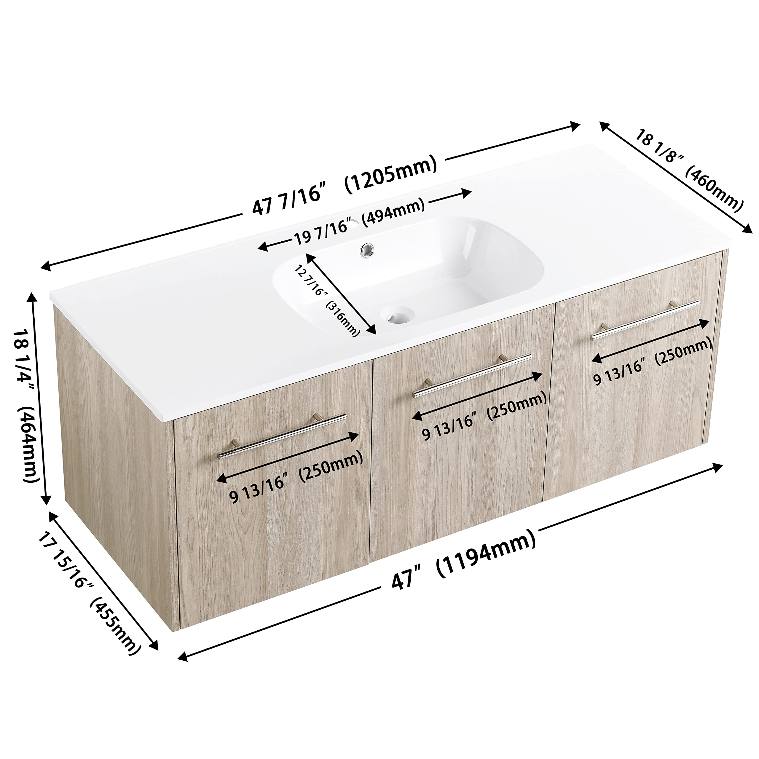Yoluckea 48" Wall Mounted Bathroom Vanity with Sink, Modern Floating Bathroom Vanity Sink Combo Plywood Hanging Bath Cabinet with White Wash Gel Basin and 3 Soft Close Doors