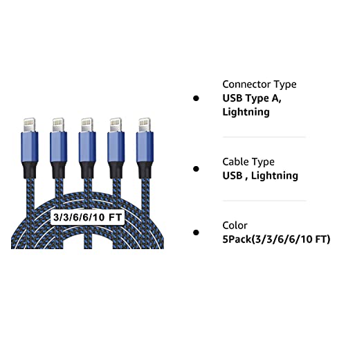 [Apple MFi Certified] iPhone Charger 5Pack(3/3/6/6/10 FT)Long Lightning Cable Fast Charging High Speed Data Sync USB Cable Compatible iPhone 14/13/12/11 Pro Max/XS MAX/XR/XS/X/8/7/Plus/6S iPad AirPods