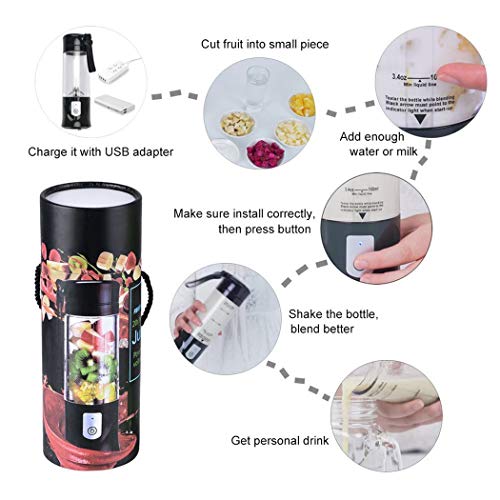 Portable Blender, Mini USB Blender for Shakes and Smoothies, 13.5 Oz Juicer Cup Rechargeable Type-C Personal Blender with Ultra Sharp Six Blades, Multifunctional and BPA Free Blender Bottle–Ideal for Traveling, Gym, Office-Black