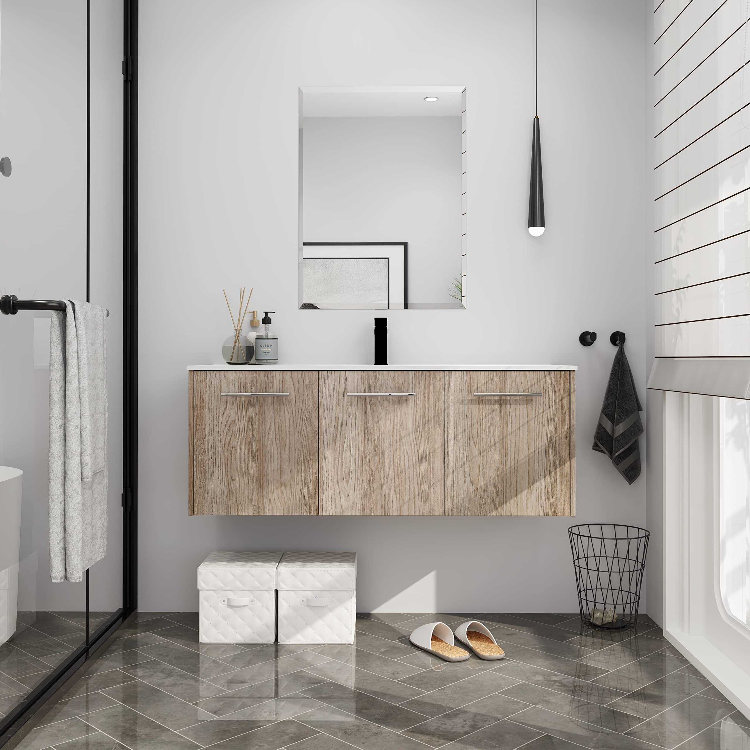 Yoluckea 48" Wall Mounted Bathroom Vanity with Sink, Modern Floating Bathroom Vanity Sink Combo Plywood Hanging Bath Cabinet with White Wash Gel Basin and 3 Soft Close Doors