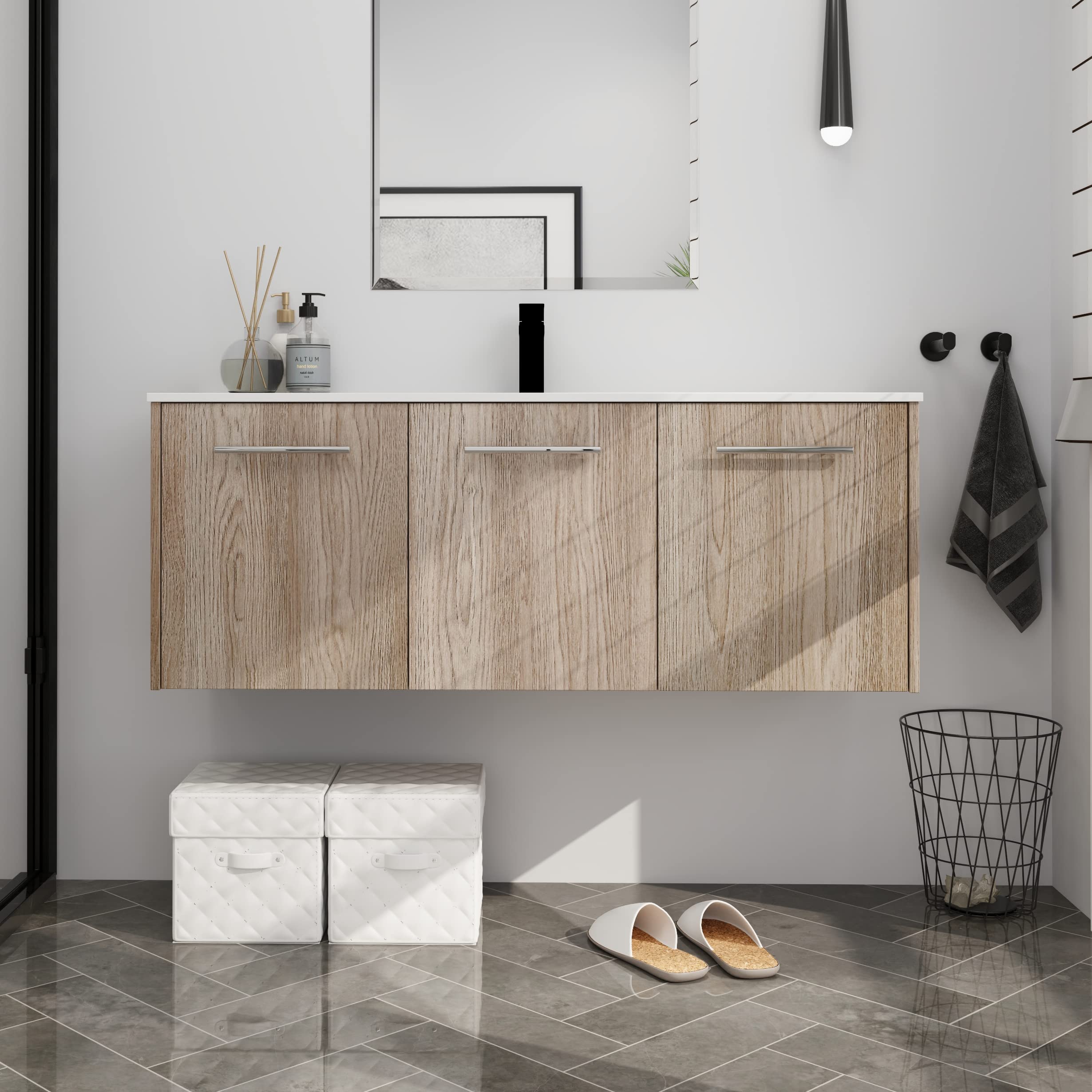 Yoluckea 48" Wall Mounted Bathroom Vanity with Sink, Modern Floating Bathroom Vanity Sink Combo Plywood Hanging Bath Cabinet with White Wash Gel Basin and 3 Soft Close Doors