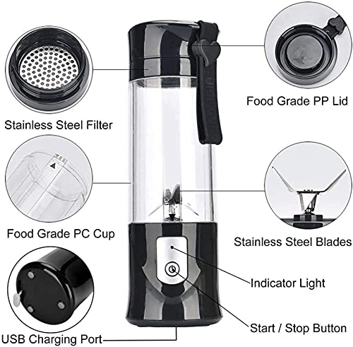 Portable Blender, Mini USB Blender for Shakes and Smoothies, 13.5 Oz Juicer Cup Rechargeable Type-C Personal Blender with Ultra Sharp Six Blades, Multifunctional and BPA Free Blender Bottle–Ideal for Traveling, Gym, Office-Black