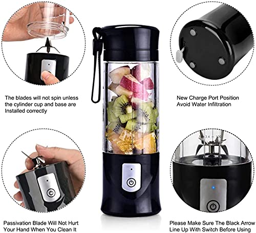 Portable Blender, Mini USB Blender for Shakes and Smoothies, 13.5 Oz Juicer Cup Rechargeable Type-C Personal Blender with Ultra Sharp Six Blades, Multifunctional and BPA Free Blender Bottle–Ideal for Traveling, Gym, Office-Black