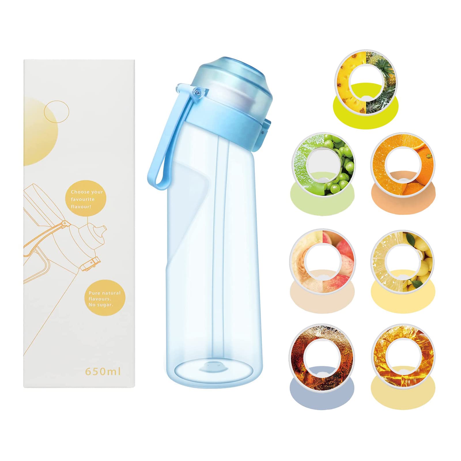 nezababy Water Bottle with Flavor Pods,18.5 Oz/500ml,21.9 Oz/650ml Fruit Fragrance Water Bottle,Scent Water Cup,Sports Water Cup Suitable for Outdoor Sports (A.Blue(21.9Oz)+7Pcs Pods)