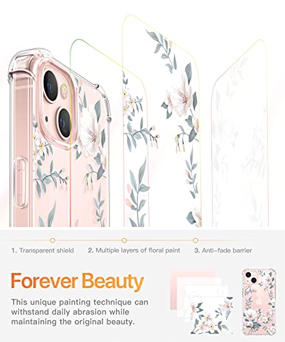 GVIEWIN Designed for iPhone 13 Case 6.1 Inch, with Tempered Glass Screen Protector + Camera Lens Protector Clear Flower Soft & Flexible Shockproof Floral Women Phone Cover(Magnolia/White)
