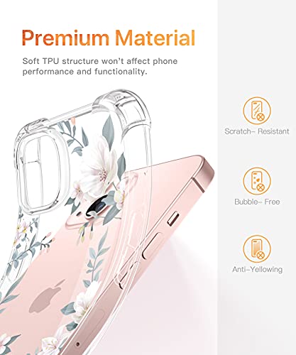 GVIEWIN Designed for iPhone 13 Case 6.1 Inch, with Tempered Glass Screen Protector + Camera Lens Protector Clear Flower Soft & Flexible Shockproof Floral Women Phone Cover(Magnolia/White)