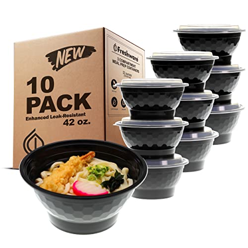 Freshware Meal Prep Containers [10 Pack] Bento Box, Food Storage Containers, Plastic Bowls with Lids for Soup and Salad, BPA Free, Stackable, Lunch Boxes, Microwave/Dishwasher/Freezer Safe (42 oz)