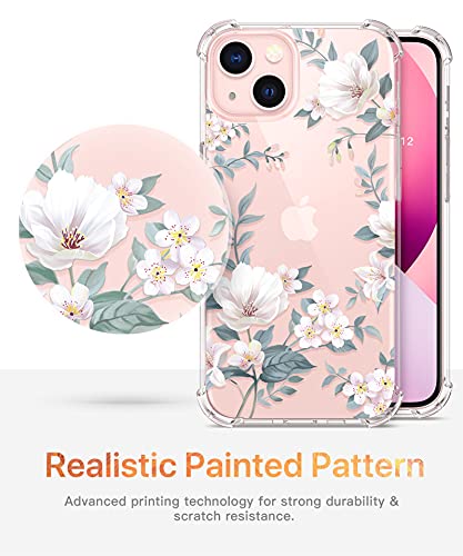 GVIEWIN Designed for iPhone 13 Case 6.1 Inch, with Tempered Glass Screen Protector + Camera Lens Protector Clear Flower Soft & Flexible Shockproof Floral Women Phone Cover(Magnolia/White)