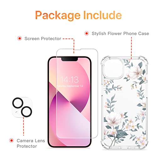 GVIEWIN Designed for iPhone 13 Case 6.1 Inch, with Tempered Glass Screen Protector + Camera Lens Protector Clear Flower Soft & Flexible Shockproof Floral Women Phone Cover(Magnolia/White)