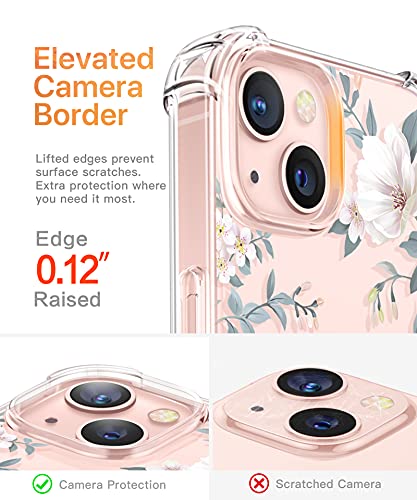 GVIEWIN Designed for iPhone 13 Case 6.1 Inch, with Tempered Glass Screen Protector + Camera Lens Protector Clear Flower Soft & Flexible Shockproof Floral Women Phone Cover(Magnolia/White)