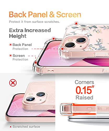GVIEWIN Designed for iPhone 13 Case 6.1 Inch, with Tempered Glass Screen Protector + Camera Lens Protector Clear Flower Soft & Flexible Shockproof Floral Women Phone Cover(Magnolia/White)