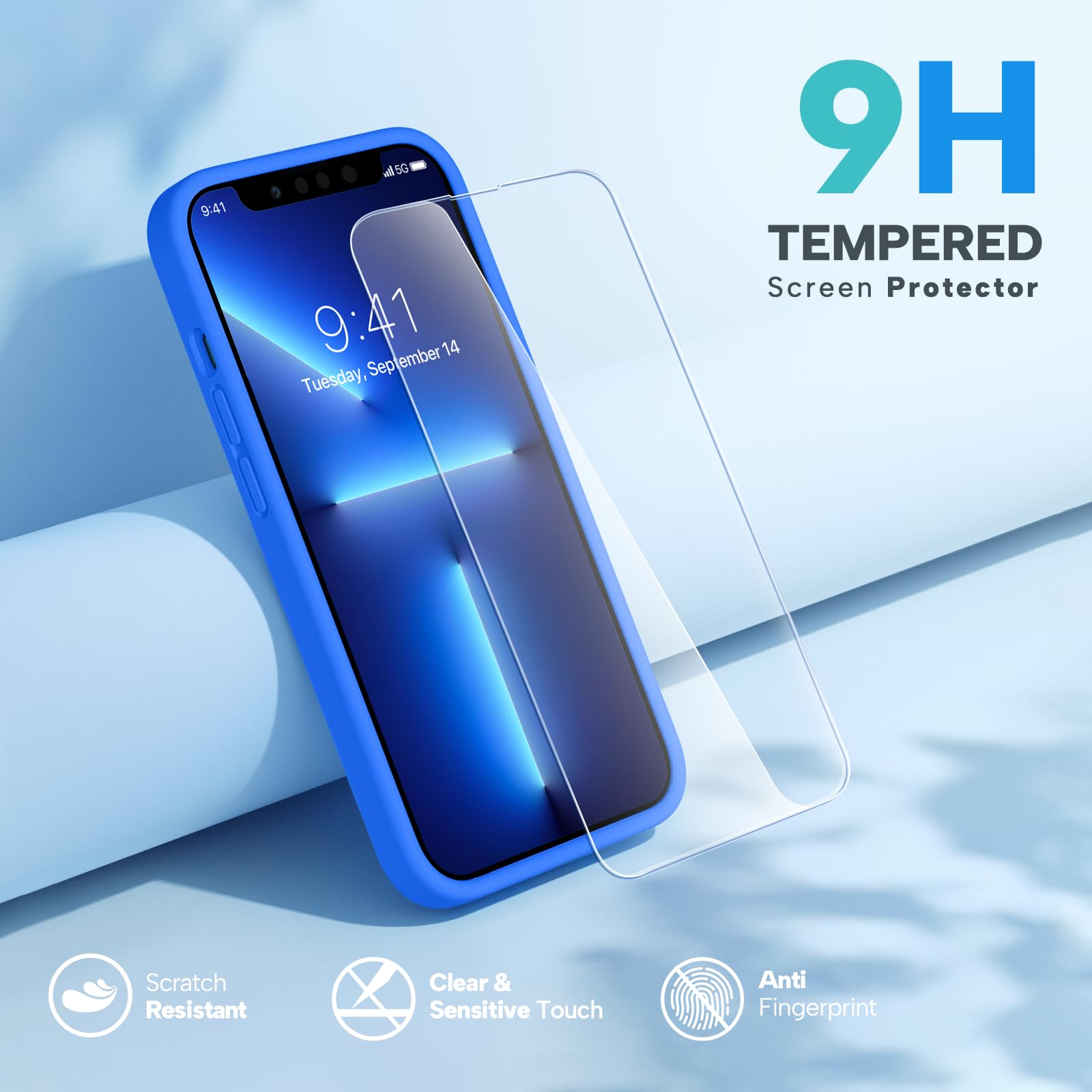 Miracase Designed for iPhone 13 Pro Max Case with Screen Protector,[Soft Anti-Scratch Microfiber Lining],Shockproof Liquid Silicone Rubber Phone Case Cover 6.7 inch(Mediterranean Blue)