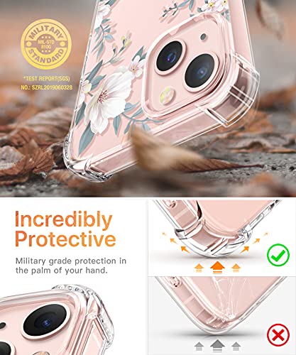 GVIEWIN Designed for iPhone 13 Case 6.1 Inch, with Tempered Glass Screen Protector + Camera Lens Protector Clear Flower Soft & Flexible Shockproof Floral Women Phone Cover(Magnolia/White)