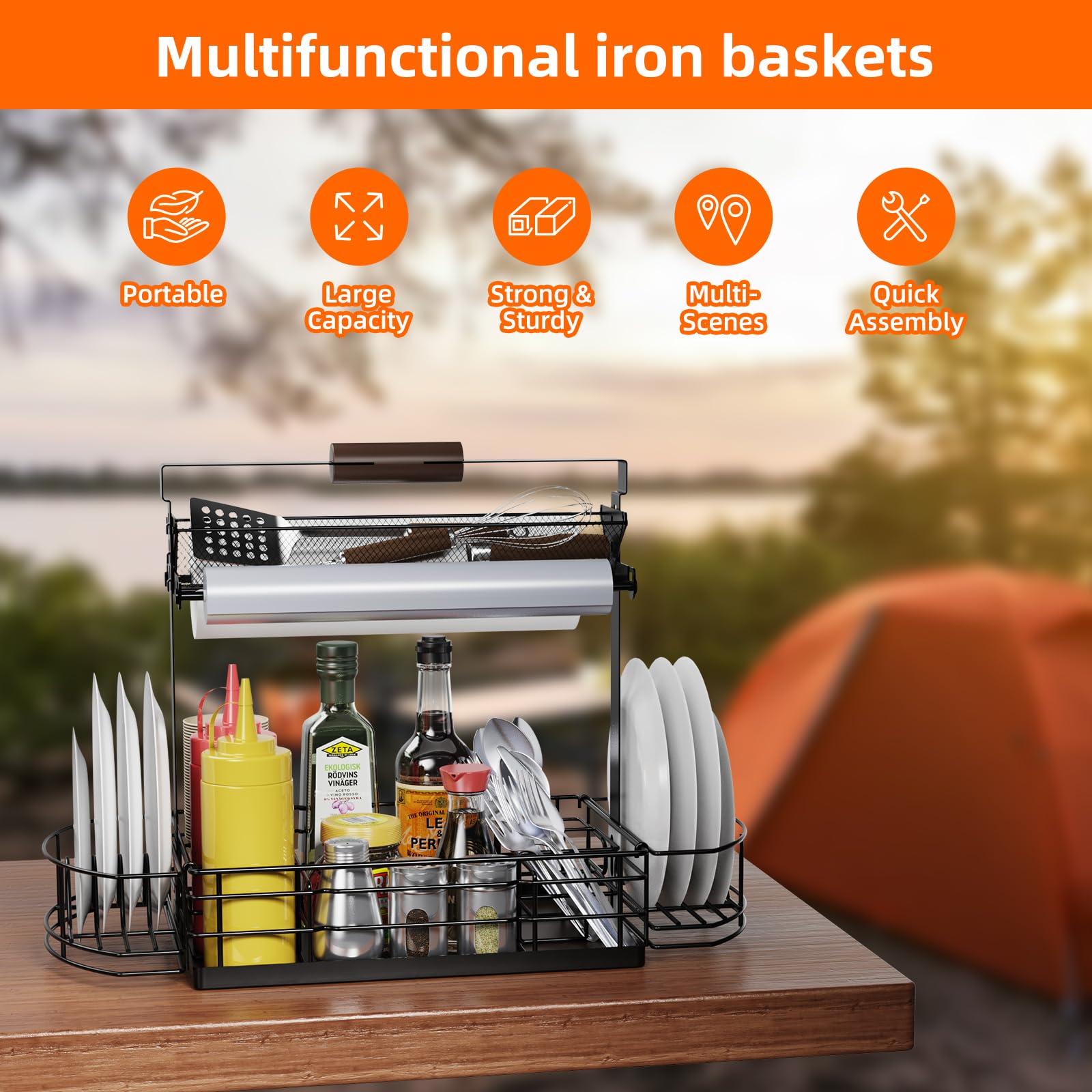 Grill Caddy BBQ Caddy with Paper Towel Holder Kitchen Organization Outdoor Camping Condiment Picnic Accessories Storage Organizer Easy to Disassemble Rv Barbecue Utensil Holder Upgraded Version