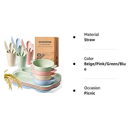 24 Pcs Wheat Straw Dinnerware Cutlery Set Including Kids Toddlers Divided Plates Microwave Dishwasher Safe Bowl Unbreakable Tableware Straw Cutlery Spoon Knife Fork Cup (Beige/Pink/Green/Blue)