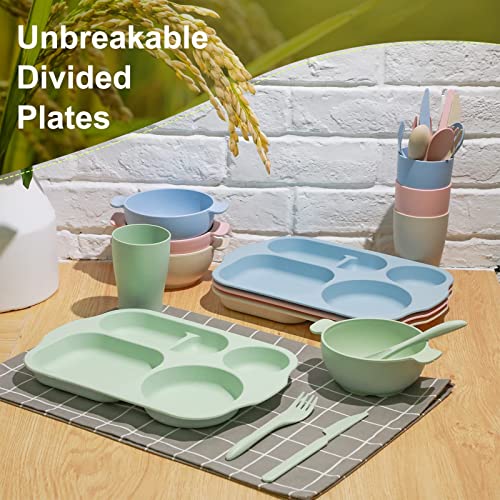 24 Pcs Wheat Straw Dinnerware Cutlery Set Including Kids Toddlers Divided Plates Microwave Dishwasher Safe Bowl Unbreakable Tableware Straw Cutlery Spoon Knife Fork Cup (Beige/Pink/Green/Blue)