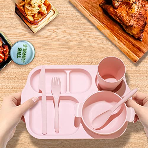 24 Pcs Wheat Straw Dinnerware Cutlery Set Including Kids Toddlers Divided Plates Microwave Dishwasher Safe Bowl Unbreakable Tableware Straw Cutlery Spoon Knife Fork Cup (Beige/Pink/Green/Blue)