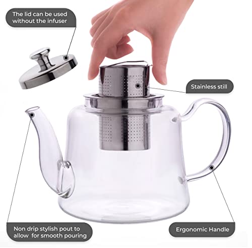 Aserson 1100 ml/37 oz Glass Teapot, Heat Resistant, Stainless Steel Infuser, Handmade, Leaf Tea Brewer, Borosilicate Glass, Stovetop Teapot and Microwave Safe