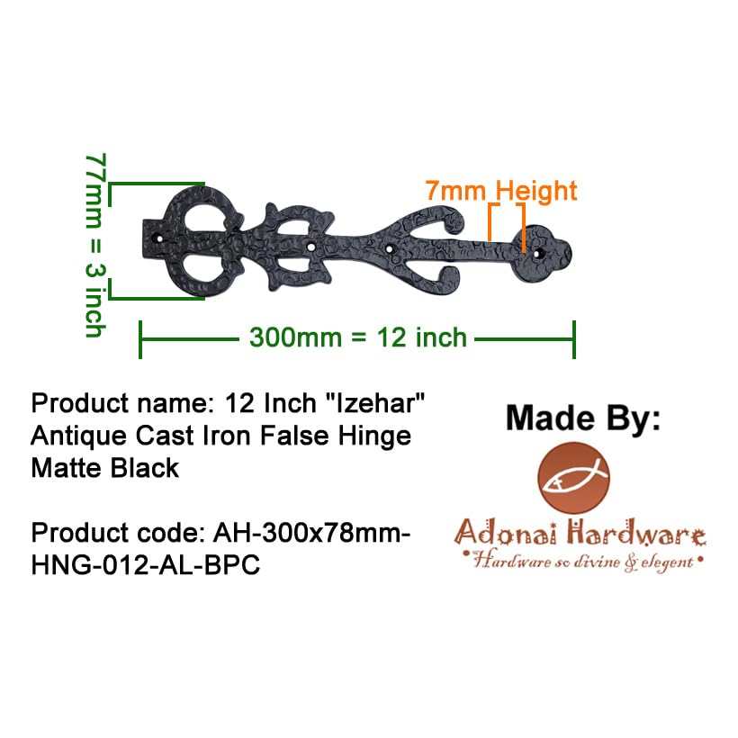 Adonai Hardware 12 Inch Izehar Heavy Duty Antique Aluminium Strap False/Faux/Dummy Hinge Fronts (4 Pack, Black Powder Coated) for Vintage Barn Doors, Gates, Furniture, Garage, Shutters and Fences