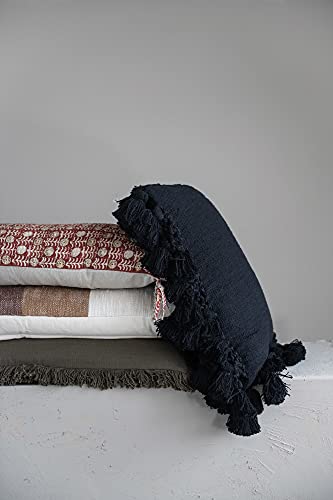 Creative Co-Op 18" Square Cotton Slub Crochet & Tassel, Fringe Detailing Pillow, Black