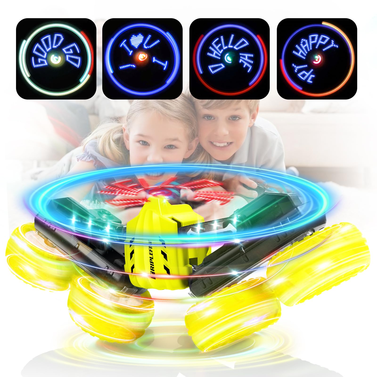 TRIPLEFINE Remote Control Car for Boys & Girls 8-12, LED Fast RC Stunt Car, 2.4GHz RC Cars, 4WD Double Side 360° Rotating RC Cars, Remote Control Car for Kids with Rechargeable Battery(Yellow)