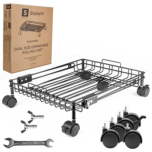 Expandable Rolling Basket Under Bed Storage Container with Wheels - Rolling Metal Storage Basket for Kitchen, Pantry, Garage Storage Organization Small Storage Bin Expandable (2 sizes) to 26 Inches
