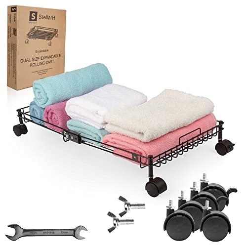 Expandable Rolling Basket Under Bed Storage Container with Wheels - Rolling Metal Storage Basket for Kitchen, Pantry, Garage Storage Organization Small Storage Bin Expandable (2 sizes) to 26 Inches