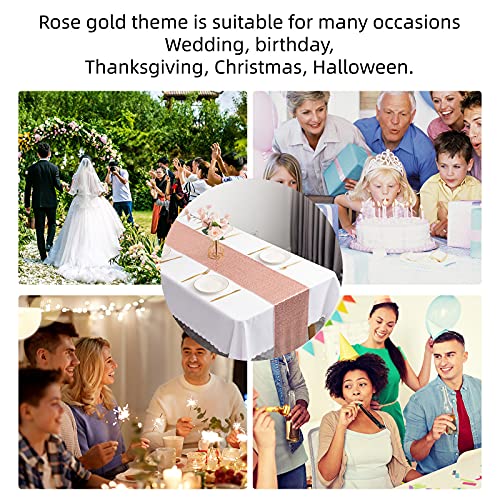 FGSAEOR Rose Gold Tablecloth, 12x108inch Sequins Table Runners and 54x108inch Plastic Table Cloths for Party Decorations, Sparkling Party Supplies Table Cover for Indoor Outdoor Parties