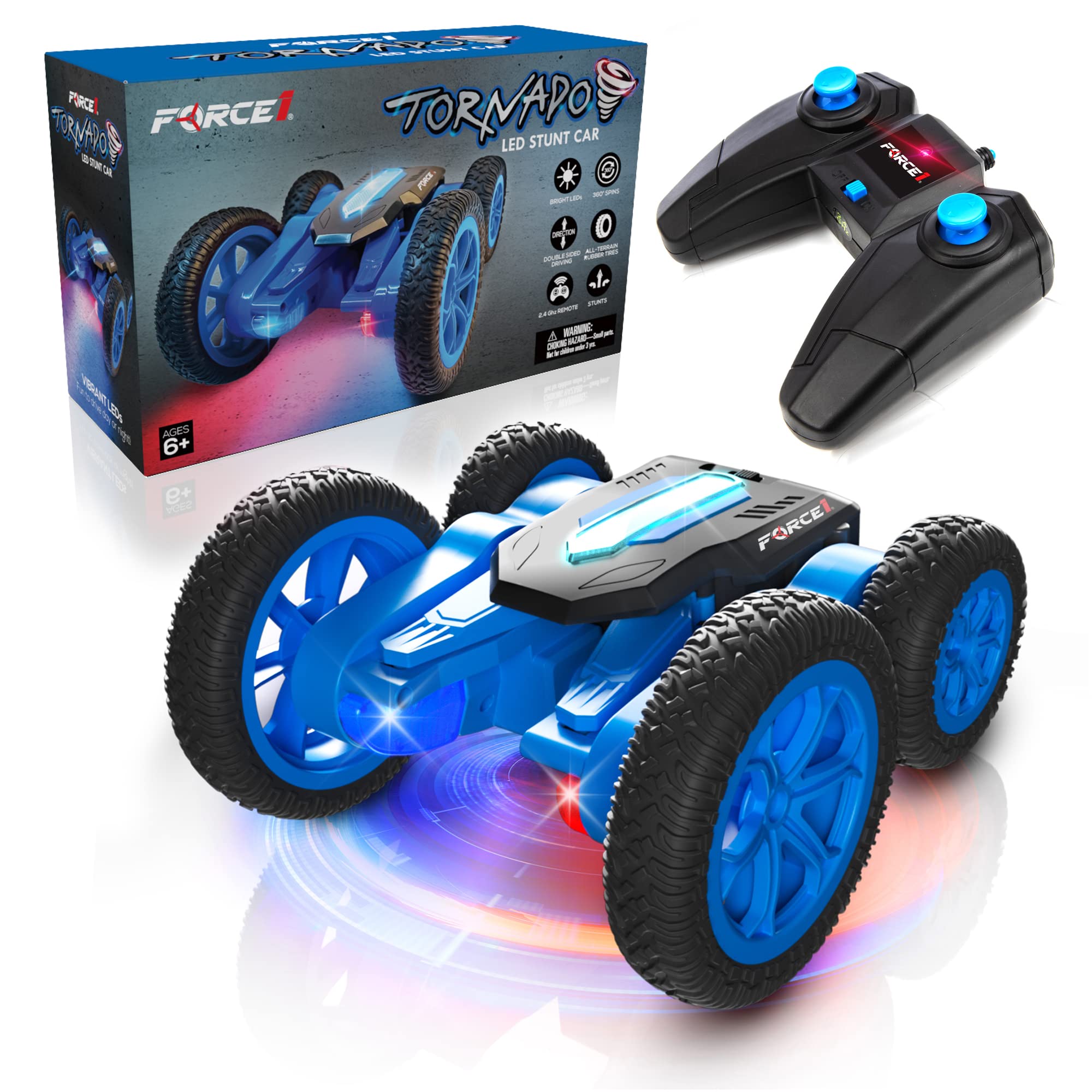 Force1 Cyclone LED AND Tornado Remote Control Car Bundle - Double Sided Fast RC Cars (2) Stunt Cars with 360 Flips, All Terrain Tires, LEDs, RC Crawler Rechargeable Toy Car Battery for Kids and adults
