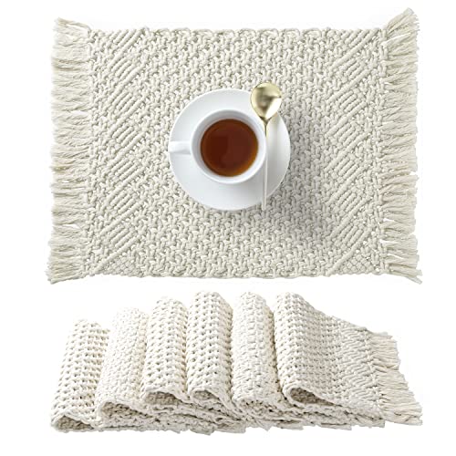 Folkulture Macrame Placemats Set of 6 for Home Decor, 12"x18", Modern Boho Place Mats for Farmhouse, Decorative Bohemain Table Mats for Rustic Table Decor or Wedding Decor, 100% Cotton, Off-White