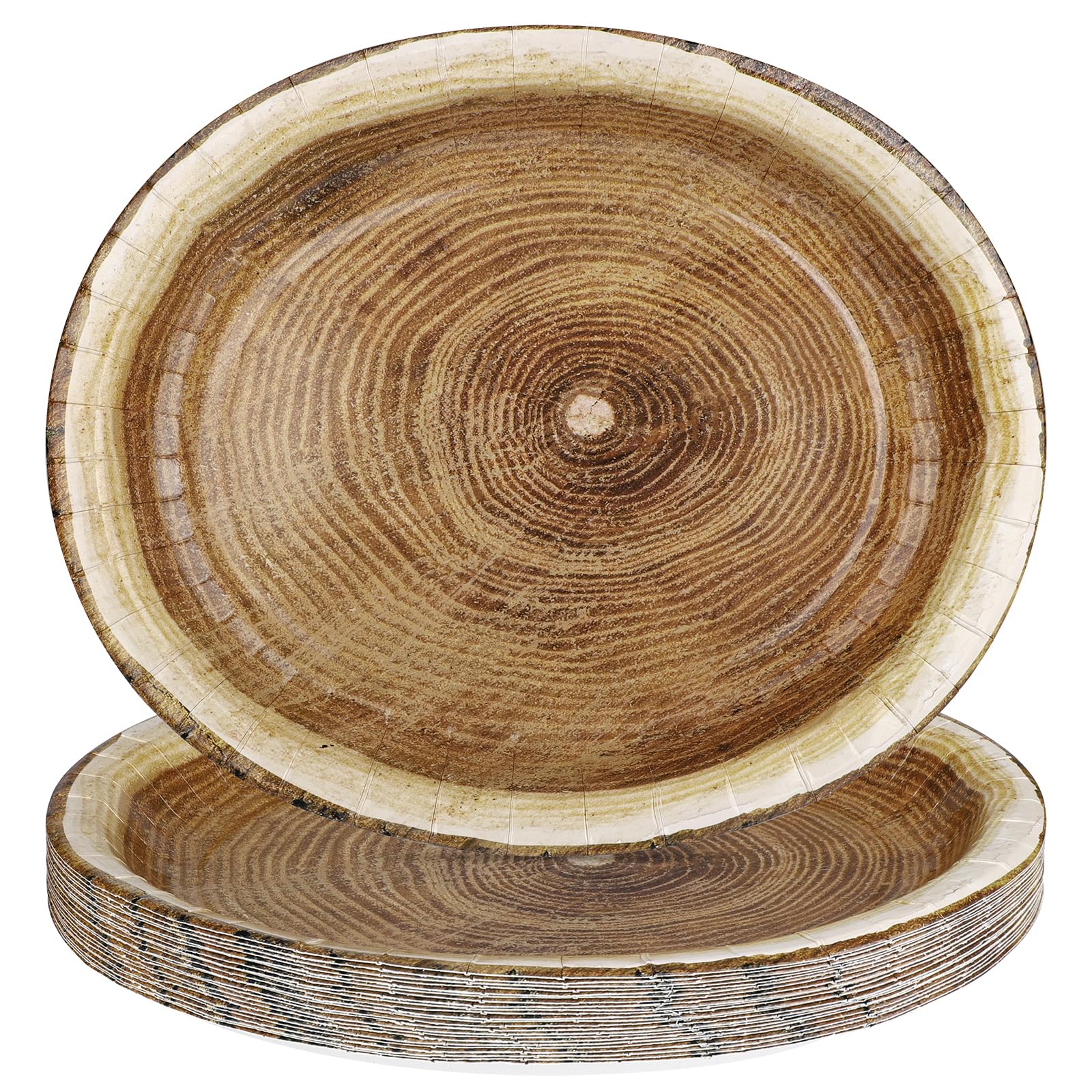TWOWYHI 50PCS Wood Grain Paper Plates10 x12 Oval Disposable Plates Large Party Paper Plates for Birthday Rustic Party Supplies Dinnerware Plates Garden Farmhouse Plate Tableware Decor