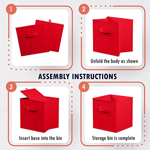 Ornavo Home Foldable Collapsible Storage Box Bins Shelf Basket Cube Organizer with Dual Handles - Set of 6-13 x 13 x 13 - Red