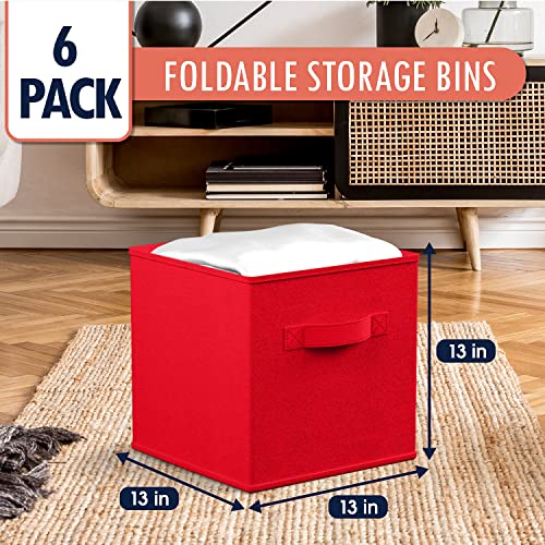 Ornavo Home Foldable Collapsible Storage Box Bins Shelf Basket Cube Organizer with Dual Handles - Set of 6-13 x 13 x 13 - Red