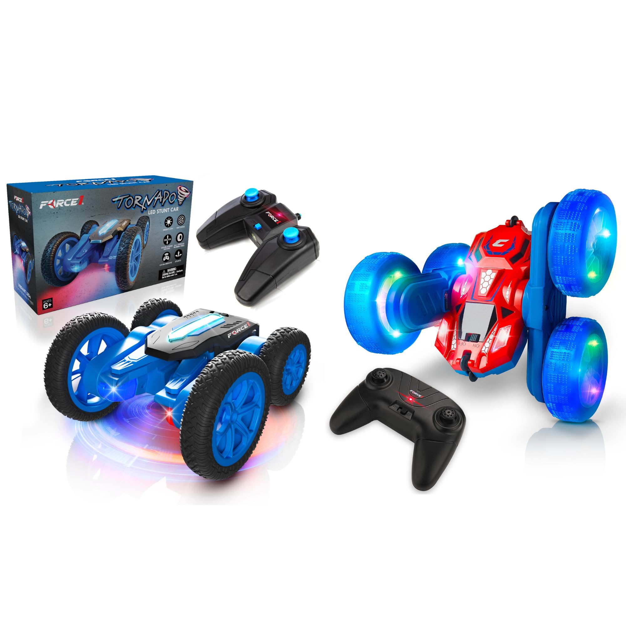 Force1 Cyclone LED AND Tornado Remote Control Car Bundle - Double Sided Fast RC Cars (2) Stunt Cars with 360 Flips, All Terrain Tires, LEDs, RC Crawler Rechargeable Toy Car Battery for Kids and adults