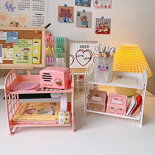 QUMENEY Desktop Rack Cosmetic Stationery Storage Holder, 2-Tier Multifunctional Plastic Shelf Makeup Organizer for Skincare Office Kitchen Bedroom Bathroom Home (Pink)