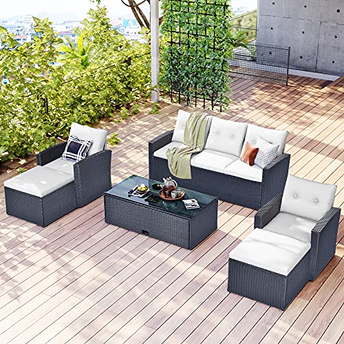 MENGK 6-Piece All-Weather Wicker PE Rattan Patio Outdoor Dining Conversation Sectional Set with Coffee Table, Wicker Sofas, Ottomans, Removable Cushions (Black Wicker, Beige Cushion)