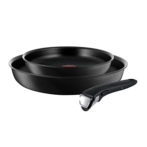 T-fal Ingenio Nonstick 2 Piece Fry Pan Set 3 Piece Induction Stackable, Removable Handle Cookware, Pots and Pans, Oven, Broil, Dishwasher Safe Black