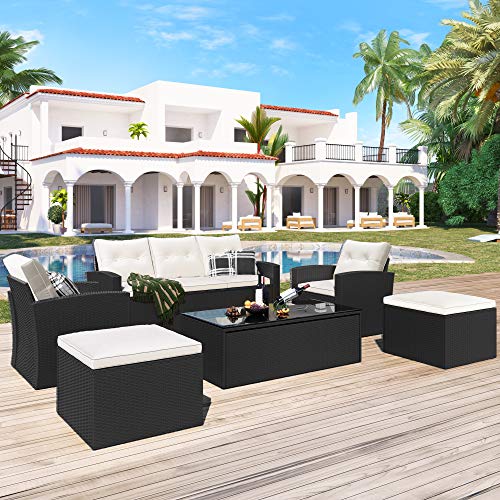 MENGK 6-Piece All-Weather Wicker PE Rattan Patio Outdoor Dining Conversation Sectional Set with Coffee Table, Wicker Sofas, Ottomans, Removable Cushions (Black Wicker, Beige Cushion)