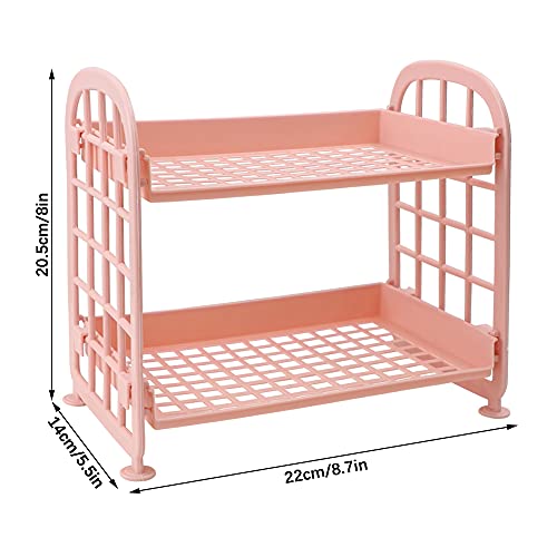 QUMENEY Desktop Rack Cosmetic Stationery Storage Holder, 2-Tier Multifunctional Plastic Shelf Makeup Organizer for Skincare Office Kitchen Bedroom Bathroom Home (Pink)