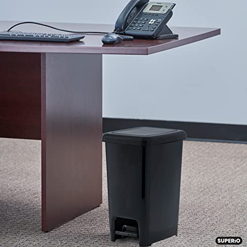 Superio 2.5 Gal Slim Step On Pedal Plastic Trash Can, 2 Pack Waste Bin for Under Desk, Office, Bedroom, Bathroom- 10 Qt, Black