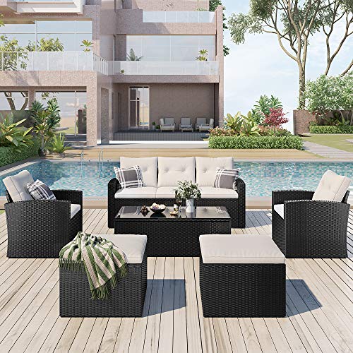 MENGK 6-Piece All-Weather Wicker PE Rattan Patio Outdoor Dining Conversation Sectional Set with Coffee Table, Wicker Sofas, Ottomans, Removable Cushions (Black Wicker, Beige Cushion)