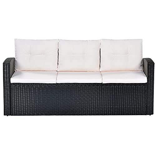 MENGK 6-Piece All-Weather Wicker PE Rattan Patio Outdoor Dining Conversation Sectional Set with Coffee Table, Wicker Sofas, Ottomans, Removable Cushions (Black Wicker, Beige Cushion)