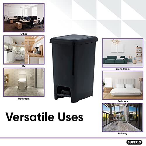 Superio 2.5 Gal Slim Step On Pedal Plastic Trash Can, 2 Pack Waste Bin for Under Desk, Office, Bedroom, Bathroom- 10 Qt, Black