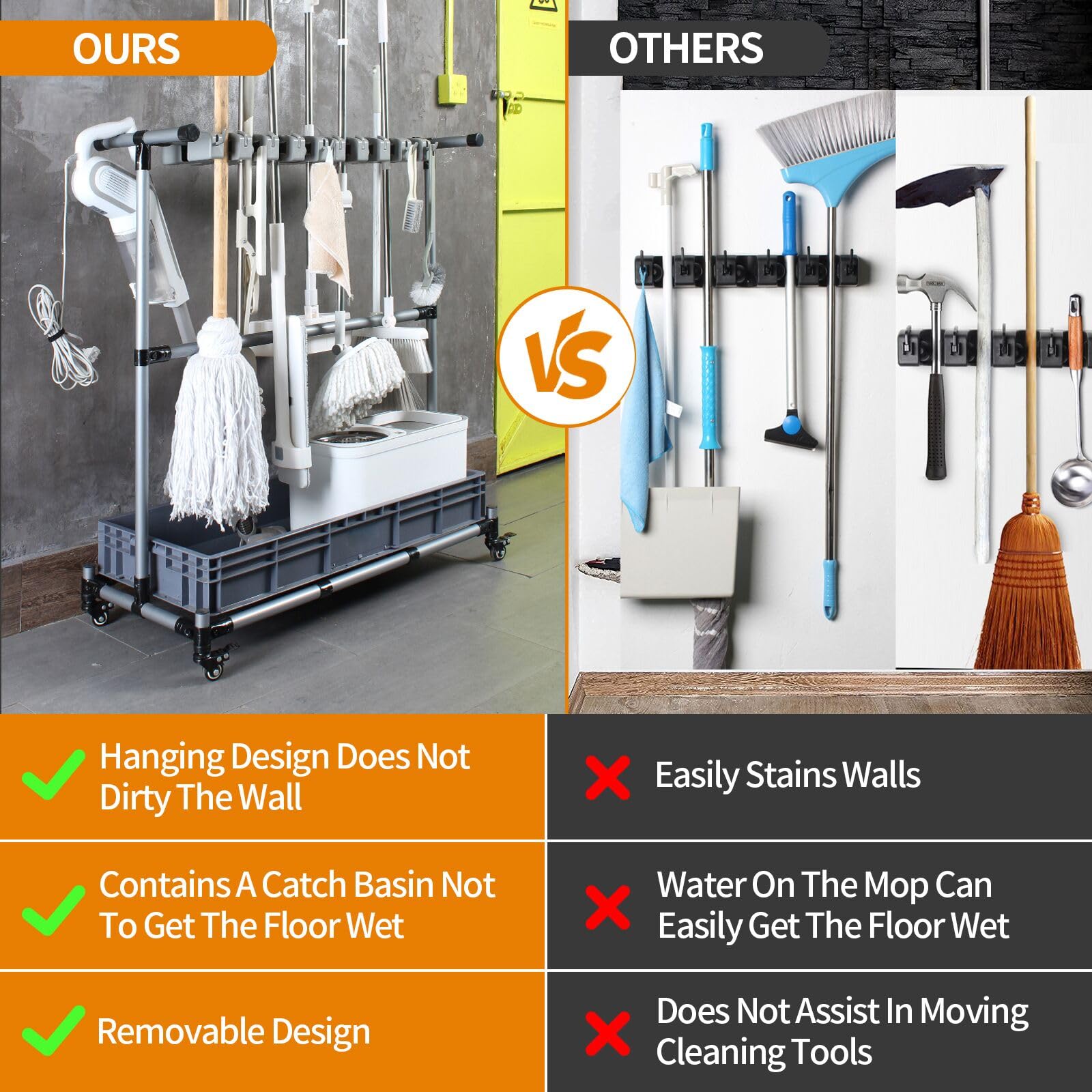 Multifunctional Cleaning Cart and Tool Organizer - Broom and Mop Holder