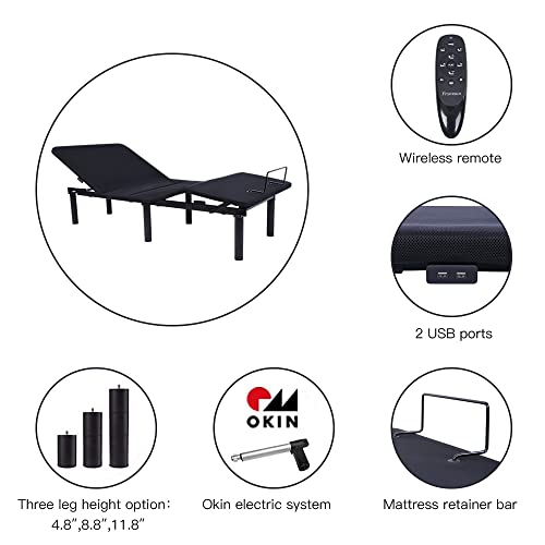 Fromann Twin XL Electric Adjustable Bed Base Frame with Wireless Remote, USB Ports, Zero Gravity, Under Bed Led Lighting, Three Leg Heights and No Tools Assembly