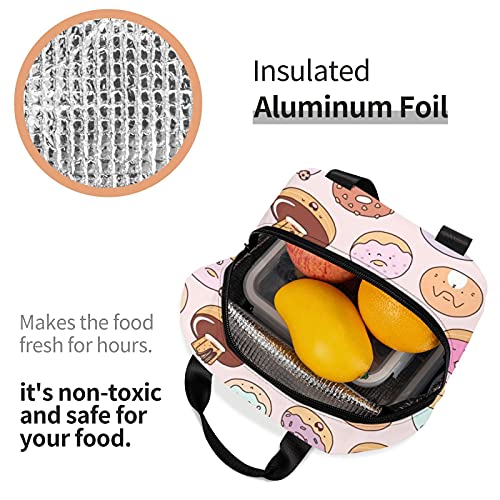 Insulated Lunch Bag Reusable Lunch Box, Cooler Lunch Tote Bag With Front Pocket for Women Men School Picnic Office Work, Kawaii Donuts