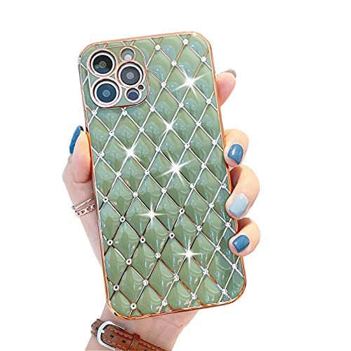 BOGUT Compatible with iPhone 12 Pro Max Case for Women Girls, Glittering Luxury Gold Line Design, Lattice Pattern with Diamond Plating, Shockproof Soft Silicone Cover (6.7")-Green