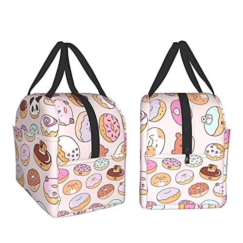 Insulated Lunch Bag Reusable Lunch Box, Cooler Lunch Tote Bag With Front Pocket for Women Men School Picnic Office Work, Kawaii Donuts